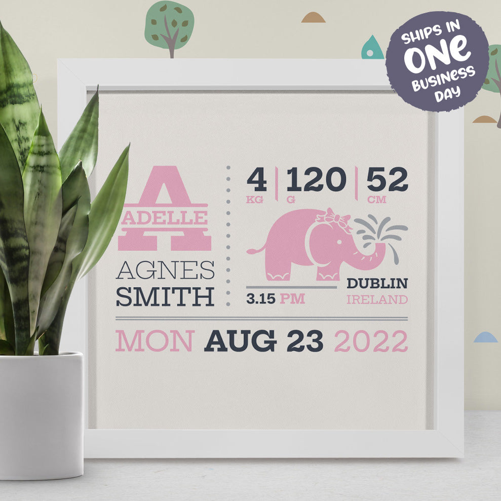 Personalised New Baby Frame | Newborn Cute Elephant Frame Print Art ...