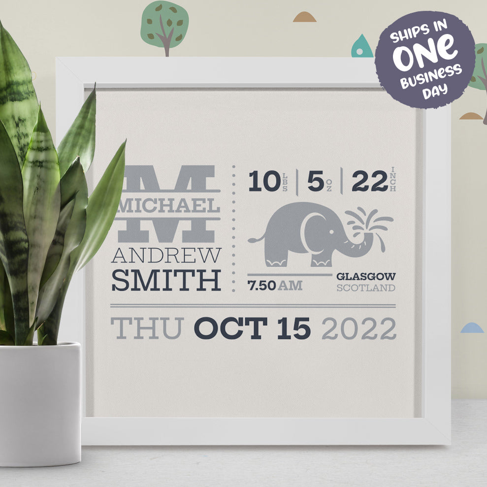Personalised New Baby Frame | Newborn Cute Elephant Frame Print Art ...